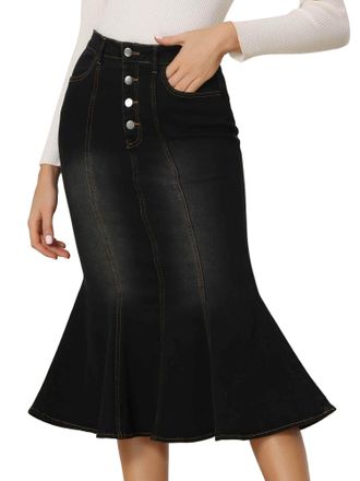 Allegra K Damen Denimrock Fischschwanz Rock Distressed Jeansrock Langer Rock Schwarz M