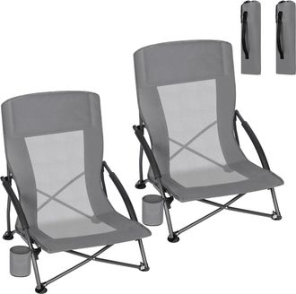 Woltu 2er Set Strandstuhl Klappbar, Campingstuhl Leicht Faltbar, Klappstuhl Strand, Gepolsterte Armlehnen, Mesh-R&uuml;ckenlehne, Mit Getr&auml;nkehalter Tragetasche,