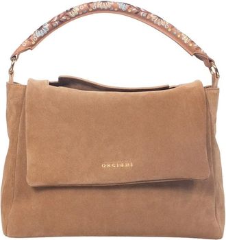 Orciani Femme, Sacs, Brun, Taille: ONE Size Borsa Sveva Peach Flowers Midi &agrave; &eacute;paule en daim