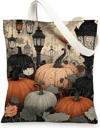 Generic Sac fourre-tout en toile motif citrouille vintage motif automne réutilisable sacs dépicerie artistiques légers lavables en toile, Orange, 13x15 Inch
