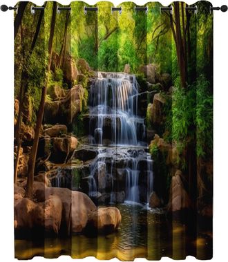 Generic Vorh&auml;nge H 160 x B 70 cm (2er Pack) Blickdicht mit &Ouml;sen, Natur Park Dschungel Wasserfall Druck Verdunkelungsvorhang Polyester Vorh&auml;nge Gardinen F&uuml;r Wo