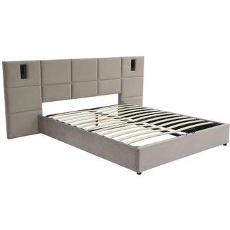 Vente-Unique Vente-unique - Lit coffre 180 x 200 cm avec t&ecirc;te de lit et lampe int&eacute;gr&eacute;e - Velours - Taupe - sareto