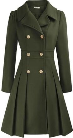 Generic Caban long à double boutonnage pour femme, doux, élégant, confortable, avec revers cranté et poche, vert militaire, XXL