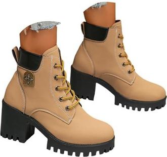 Generic Bottines de neige pour femme avec doublure en fourrure - Bottes de combat chaudes à lacets - Confortables - Tendance - Antidérapantes - Coupe large - 