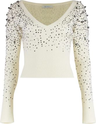 Max Mara Femme, Pulls, Blanc, Taille: 38 FR Pull col V en laine et cachemire