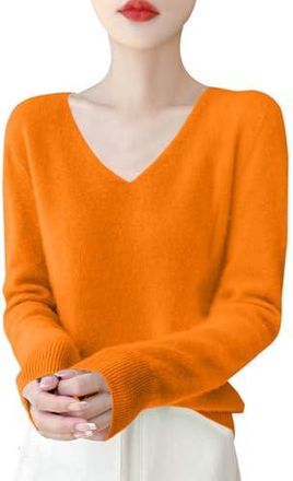 Generic Pull à col en V à manches longues pour femme - Couleur unie - Pull en tricot uni confortable - Col en V - Manches longues creuses - Chemises dautomne 