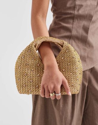 Dolce Vita Dahlia - Sac &agrave; main en raphia avec clous dor&eacute;s - Dor&eacute;-Neutral