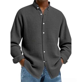Generic Mokaloha Chemise &agrave; manches longues pour homme Motif gaufr&eacute; Style d&eacute;contract&eacute; Couleur unie Bouton gaufr&eacute; Chemise classique confortable, Noir, XXL