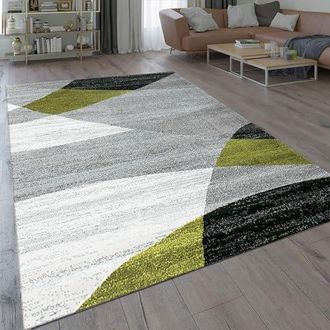 Vimoda Teppich Geometrisches Muster Meliert in Gr&uuml;n Grau Wei&szlig; Schwarz Kurzflor Wohnzimmer, Ma&szlig;e:60x110 cm