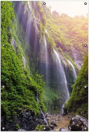 Wallario Outdoor-Poster f&uuml;r Garten oder Balkon Wasserfall im Morgenlicht, Motivbanner Gr&ouml;&szlig;e: ca. 100 x 150 cm, Outdoor-Bild