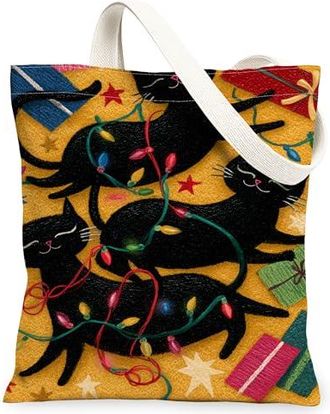 Generic Sacs fourre-tout en toile motif chat de No&euml;l, sacs d&eacute;picerie r&eacute;utilisables, festifs, fantaisie, l&eacute;gers, lavables, jaune, 13x15 Inch