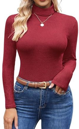 Ekouaer Haut Thermique Femme Manches Longues à Col Roulé pour Débardeur dautomne et Hiver, Rouge vin, L