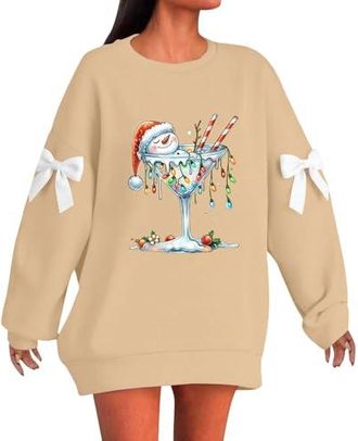Generic Pull de Noël tendance décontracté surdimensionné à manches longues avec noeud papillon mignon pour femme, imprimé arbre de Noël pailleté, flocon de ne