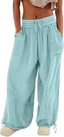 Generic Pantalon cargo baggy noir pour femme - Pantalon de surv&ecirc;tement ample taille haute en coton avec plusieurs poches, jambe large d&eacute;contract&eacute;e, bleu clair