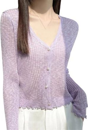 Generic Pull en soie pour femme avec col en V et dentelle Style court D&eacute;contract&eacute; Doux Slim Tops, Lavande, XS