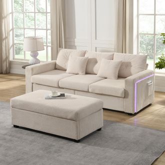 Merax modularer LED-Sofa-Set, L-Form, mit 3-Sitzer und abnehmbarem XXL-Ottoman, Cordstoff, hochdichtem Komfortschaum, Aufbau, Seitentaschen, Beige