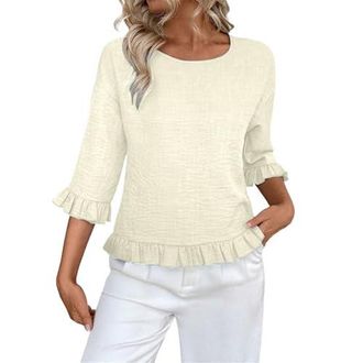 Generic Haut en lin &agrave; manches 3 quarts pour femme - Chemise d&eacute;t&eacute; respirante - Couleur pure - &Eacute;paules tombantes - Ourlet &agrave; volants - Confortable - En coton res