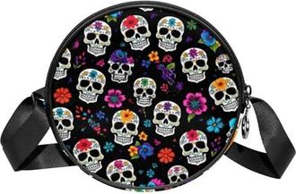 Generic Petit sac &agrave; bandouli&egrave;re circulaire pour femme, motif cr&acirc;nes, fleurs, petit sac &agrave; bandouli&egrave;re avec fermeture &eacute;clair, bretelles r&eacute;glables, sac &agrave; main ro