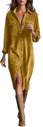 Generic Robe chemise d&eacute;contract&eacute;e pour femme, ligne A, pliss&eacute;e, longueur midi, robe maxi pour femme, manches longues, laine, Orange, XXL