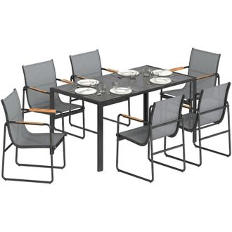OUTSUNNY Salon de jardin - Outsunny - 7 pi&egrave;ces pour 6 personnes - table verre - acier - terrasse - gris