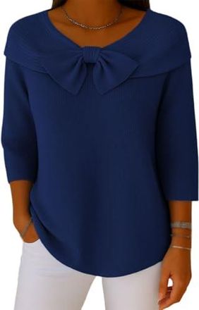 Generic Pull col V Femme avec noeud, Pull Ample Tendance en Maille Confortable pour lautomne (Dark Blue,Grand)