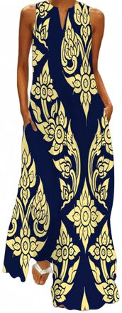 Ocean Plus Damen Muster Maxikleid V-Ausschnitt Kleid mit Stecktaschen und Weitem Rock (5XL, Dunkelblau-gelbes Muster)