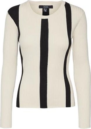 Vero Moda Vmgold New Rib Ls Pull à col Rond Tricot, Bouleau/détail : Noir, M Femme