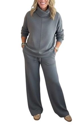 Generic Ensemble 2 pi&egrave;ces avec sweat-shirt et pantalon confortable pour femme, sweat &agrave; col montant, pantalon &agrave; jambes larges, ensemble de surv&ecirc;tement, gris, 4