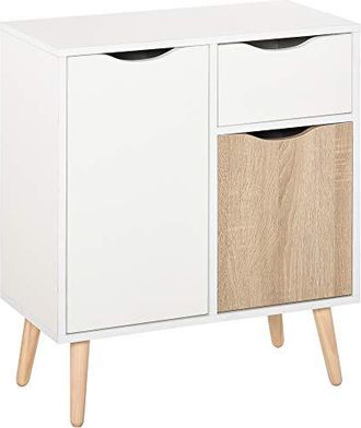 HOMCOM Buffet Meuble de Rangement Design scandinave 2 placards tiroir Coulissant Bois Blanc ch&ecirc;ne Clair