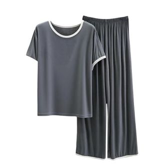 Generic Ensemble de v&ecirc;tements de d&eacute;tente pour femme 2 pi&egrave;ces en coton et lin - Tenue d&eacute;contract&eacute;e ample &agrave; manches 3/4 - Pantalon large taille haute avec poche