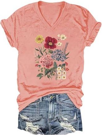Generic T-shirt &agrave; manches courtes et col en V pour femme - Motif floral sauvage - Style r&eacute;tro, rose, L