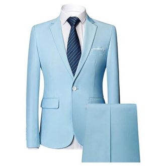 Generic Blazer 2 pi&egrave;ces pour homme &agrave; 1 bouton - Veste solide et pantalon - Blazer &agrave; revers crant&eacute; pour mariage, bal de fin dann&eacute;e, f&ecirc;te, bleu clair, 6XL