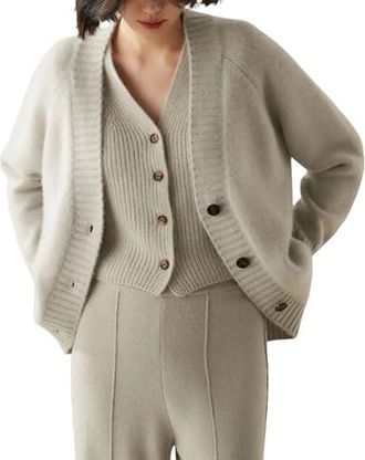 Generic Cardigan dhiver &eacute;pais avec poche boutonn&eacute;e et col en V 100 % cachemire chaud et doux pour femme, Bai Shuang Se, Taille M