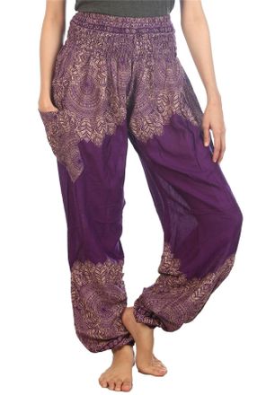 Lofbaz Haremshose Damen Boho Yogahose Pumphose Hippie Hose Kleidung Festival Outfit Sommerhose Leicht Sommer Hosen - Floral Violett XXL Große Größen