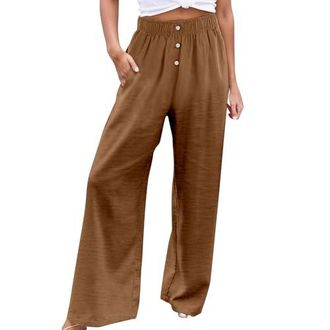 Generic Pantalon en coton et lin pour femme - Jambe large - Pantalon de plage d&eacute;t&eacute; pour femme - Confortable - Pantalon de yoga Palazzo XIYU26038, marron, 5XL
