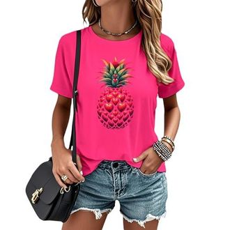 Generic T-shirt hawa&iuml;en pour femme - Coeur ananas | Col rond hawa&iuml;en graphique - Hauts d&eacute;t&eacute; - pour la plage et les voyages, rose vif, XXL