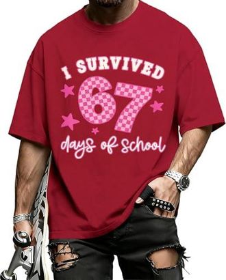 Generic Six Seven T-Shirt - I Survived 67 Days of School Funny Graphic T-Shirt Coton Mode Casual 67 Print T-Shirts Daily Holiday, rouge vin, 3XL
