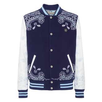 Philipp Plein Wool and Leather Bomber Paisley Foulard - - Jackets - Herren - Blau - S