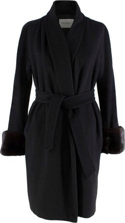 Max Mara Black Camel Hair Wrap Coat with Fur Cuffs Size XS