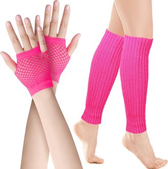 Satinior Neon Beinw&auml;rmer und Fischnetz Handschuhe Set (Rosarot)