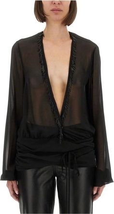 The Attico Femme, Blouses et Chemises, Noir, Taille: 36 FR Beaded Plunge Neck Sheer Blouse