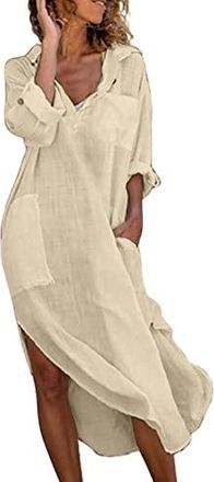 Generic Robe Chemise Femme de Plage, Col V Robe Coton et Lin,Robe Longue Fluide Manche Longue Mode Boutonné Grande Poche avec Manches Retroussées Fendue sur L
