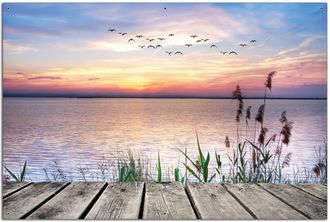 Wallario Outdoor-Poster für Garten oder Balkon Seepanorama mit Schilf und fliegenden Vögeln, Motivbanner Größe: ca. 60 x 90 cm, Outdoor-Bild