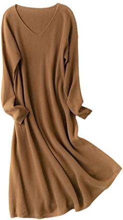 Generic Robe en Cachemire Pur pour Femmes Pull Tricot&eacute; &Agrave; Col en V Taille Haute en Laine Jupe Longue &Eacute;paisse Sauvage 100% Brown Coffee XL