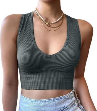 Minetom Damen Tank Top Sexy Tiefer V Ausschnitt Crop Tops Sommer &Auml;rmellose Basic Shirt Camisole Bauchfrei Oberteile A Dunkelgr&uuml;n XL