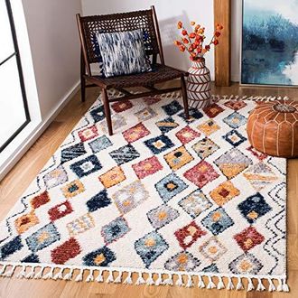 Safavieh Boho Teppich für Wohnzimmer, Esszimmer, Schlafzimmer - Morocco Collection, Kurzer Flor, Creme und Multi, 122 X 183 cm
