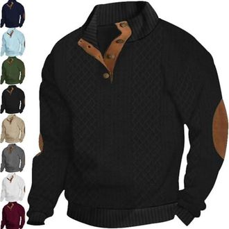 Generic Poetchic Pull de sport à manches longues en cachemire pour homme Col montant 1/4 Bouton Automne, Noir, 3XL