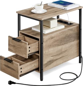 Vasagle Beistelltisch, Nachttisch mit Steckdosenleiste, 2 Schubladen, Sofatisch, Nachtschrank f&uuml;r Wohnzimmer, Schlafzimmer, Kamelbraun-tintenschwarz LET325K01