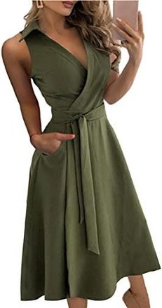 ORANDESIGNE Robe Longue Femme Mode Col en V sans Manches Robe Impression Géométrique Couleur Unie Robe été Boho Mousseline de Soie Fleurs Revers Robe Fendue Irrég