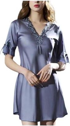 Generic Chemise de nuit longue l&eacute;g&egrave;re en soie glac&eacute;e pour femme, bleu, L